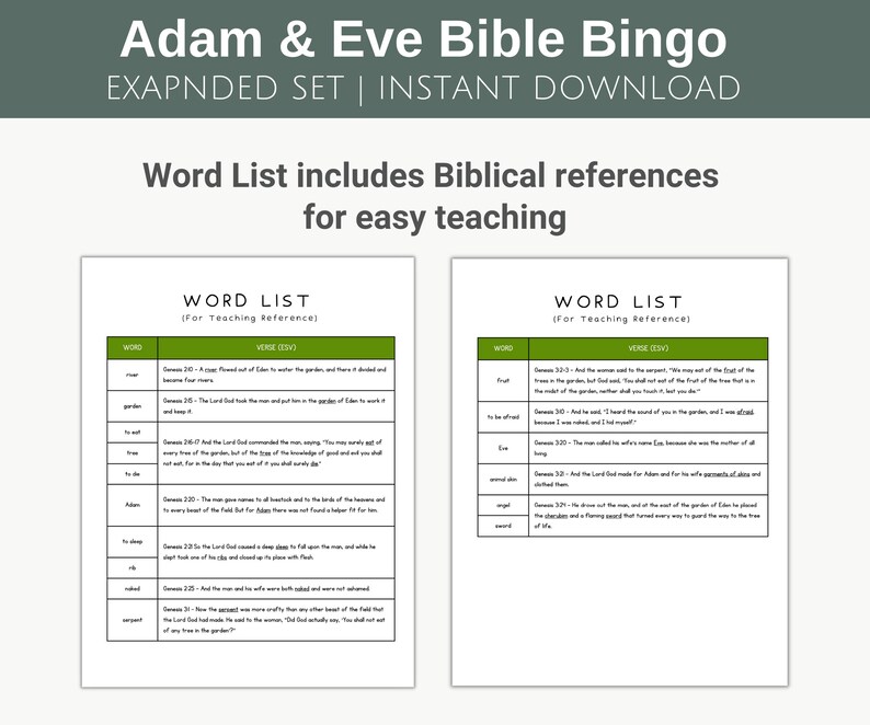 Adam & Eve Bible Bingo, Expanded Set, Preschool Game (digital Download ...