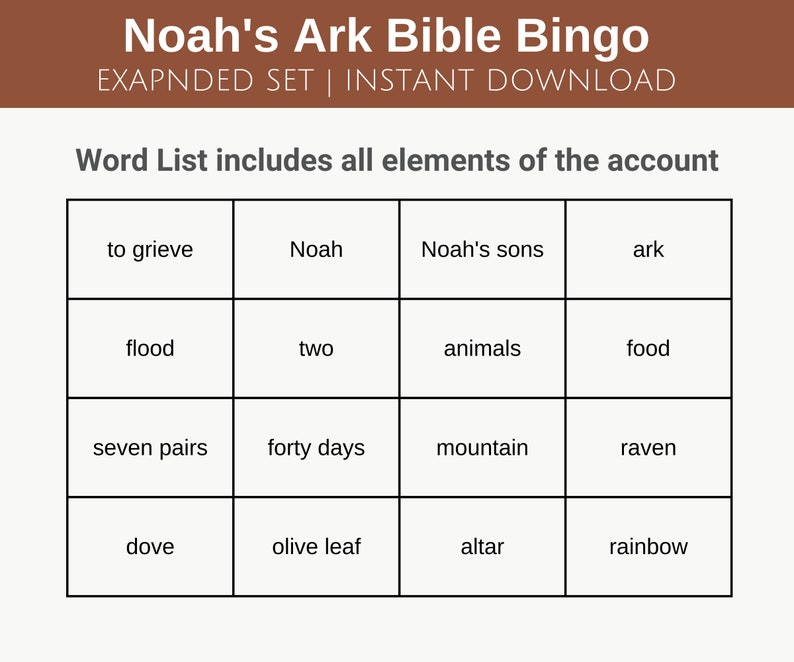 Noah's Ark Bingo Card Expanded Set, Bible Bingo for Toddlers, Genesis ...