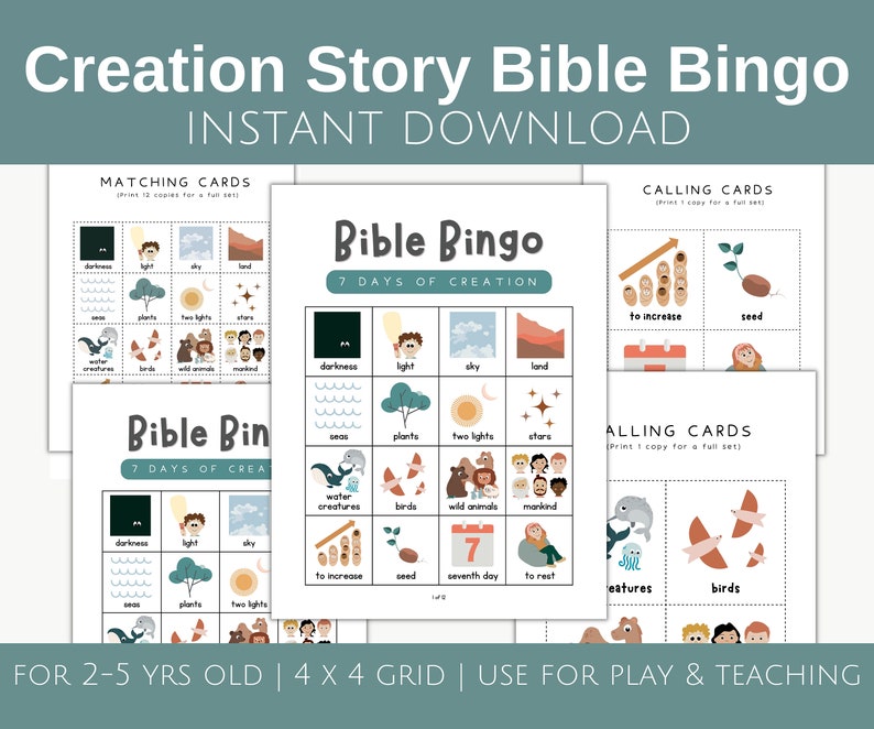 7 Days of Creation Bingo Game, Bible Bingo Cards for Toddlers, Genesis ...