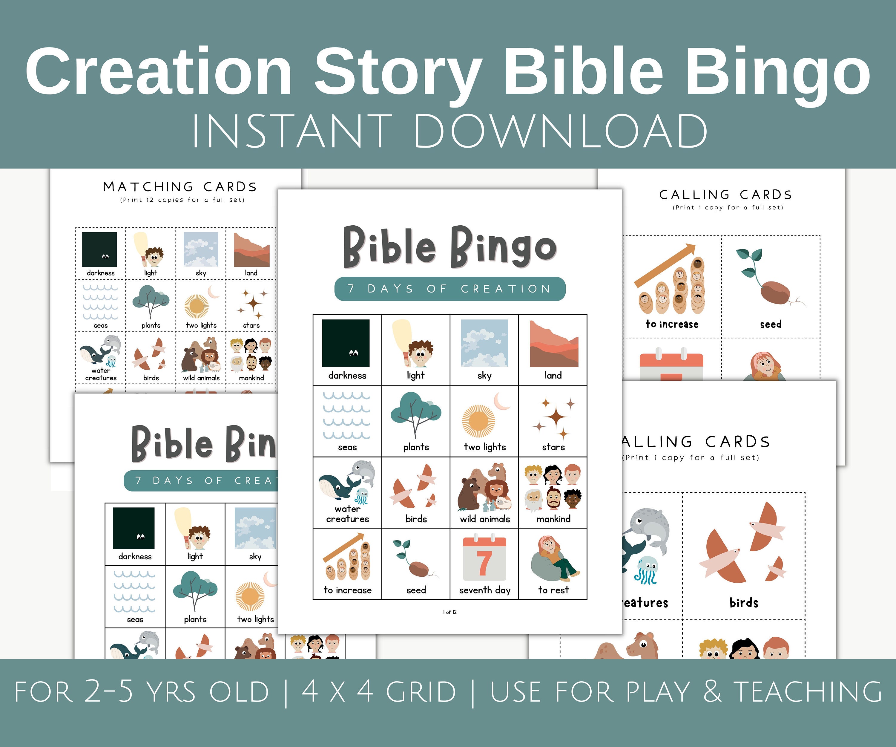 7 Days of Creation Bingo Game, Bible Bingo Cards for Toddlers, Genesis ...