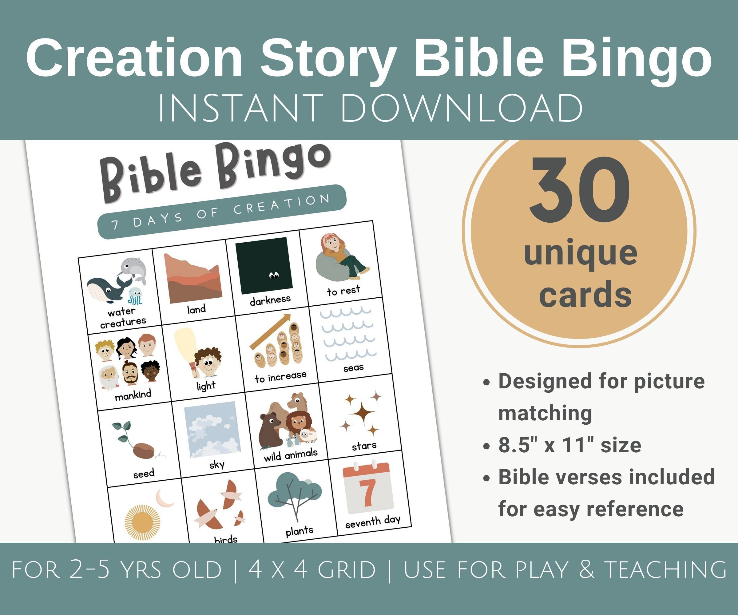 Creation Bingo Expanded Set, Bible Bingo for Toddlers, Genesis Sunday ...