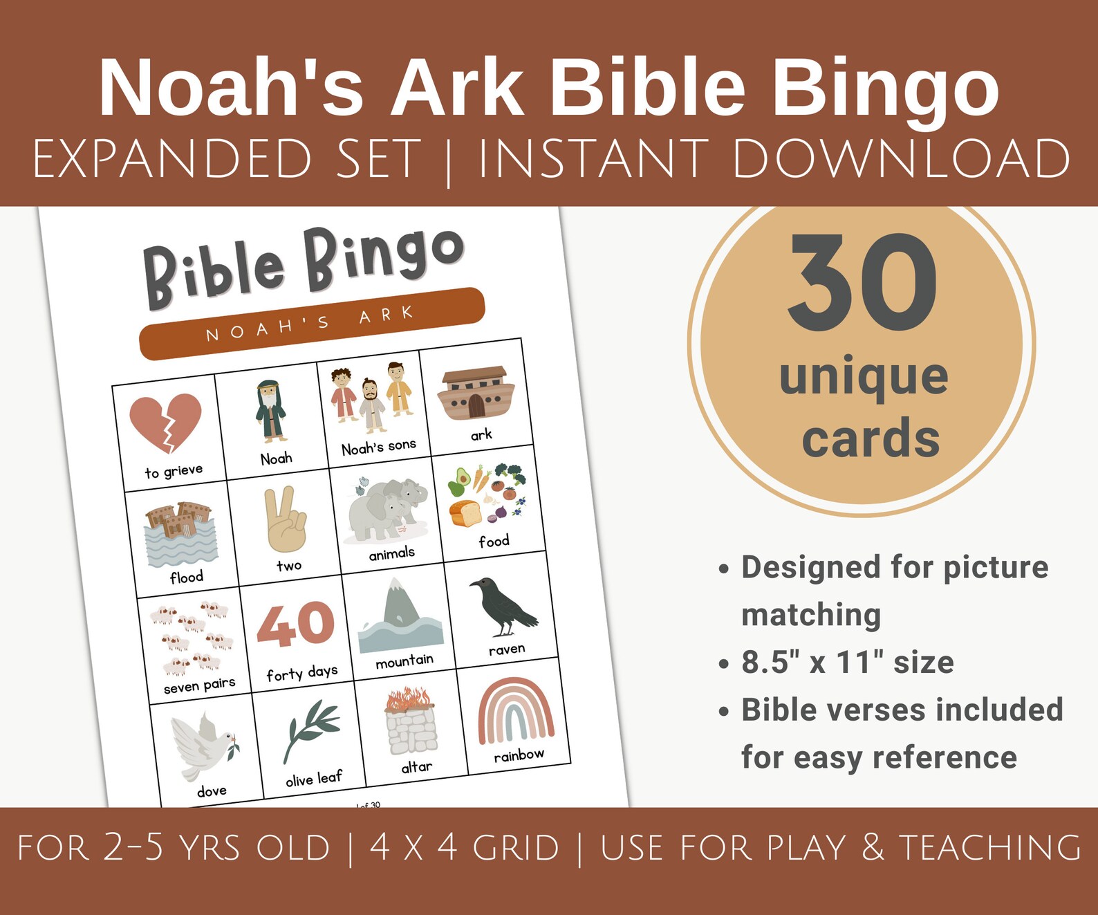 Noah's Ark Bingo Card Expanded Set, Bible Bingo for Toddlers, Genesis ...