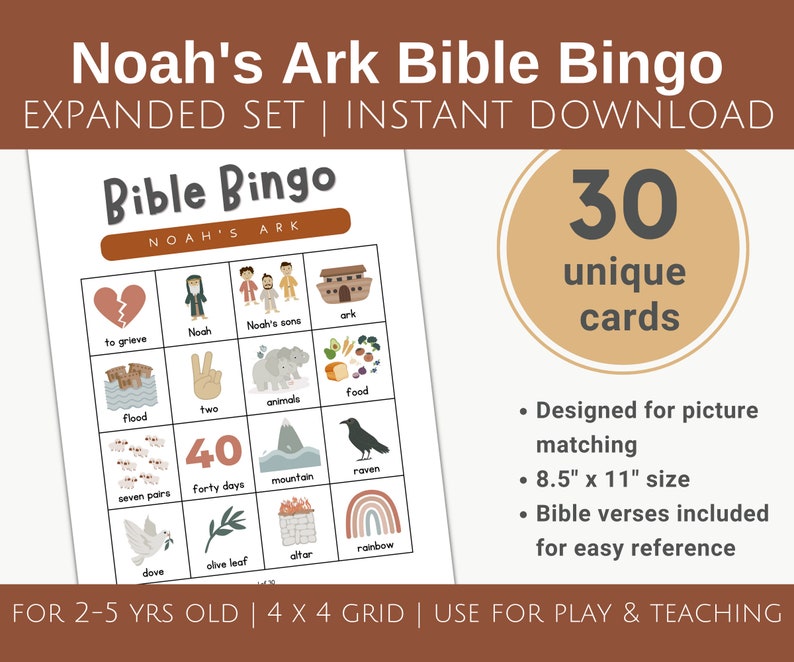 Noah's Ark Bingo Card Expanded Set, Bible Bingo for Toddlers, Genesis ...