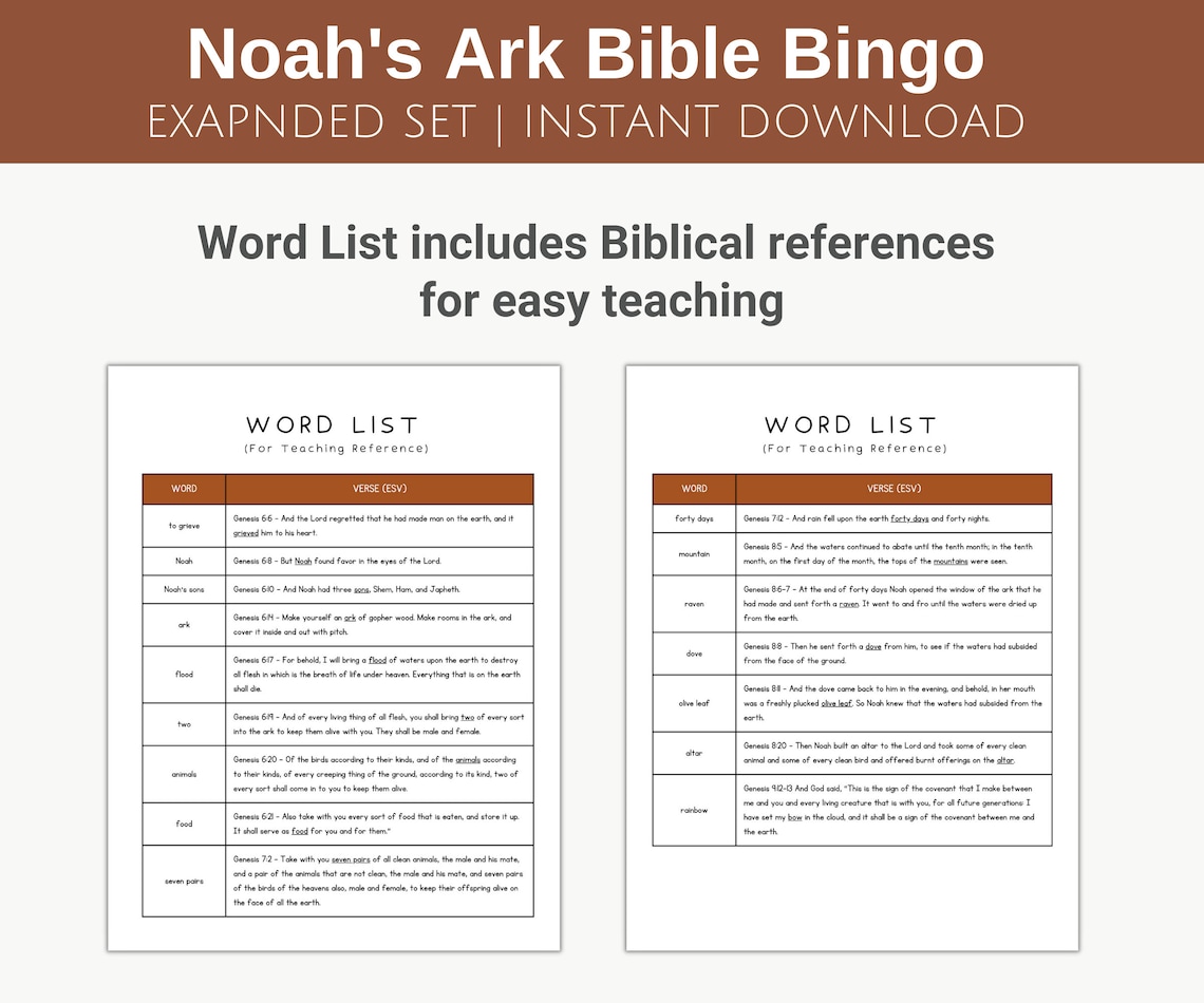 Noah's Ark Bingo Card Expanded Set, Bible Bingo for Toddlers, Genesis ...