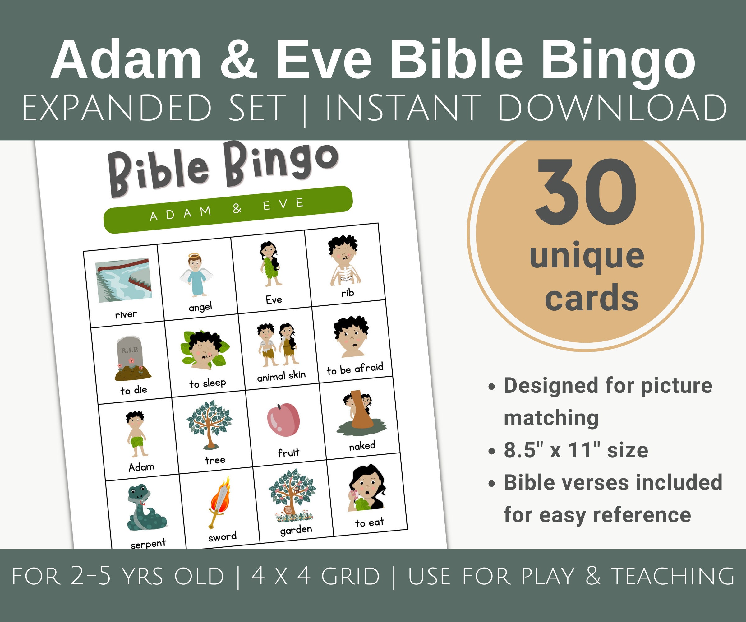 Adam & Eve Bingo Card Expanded Set, Bible Bingo for Toddlers, Genesis ...