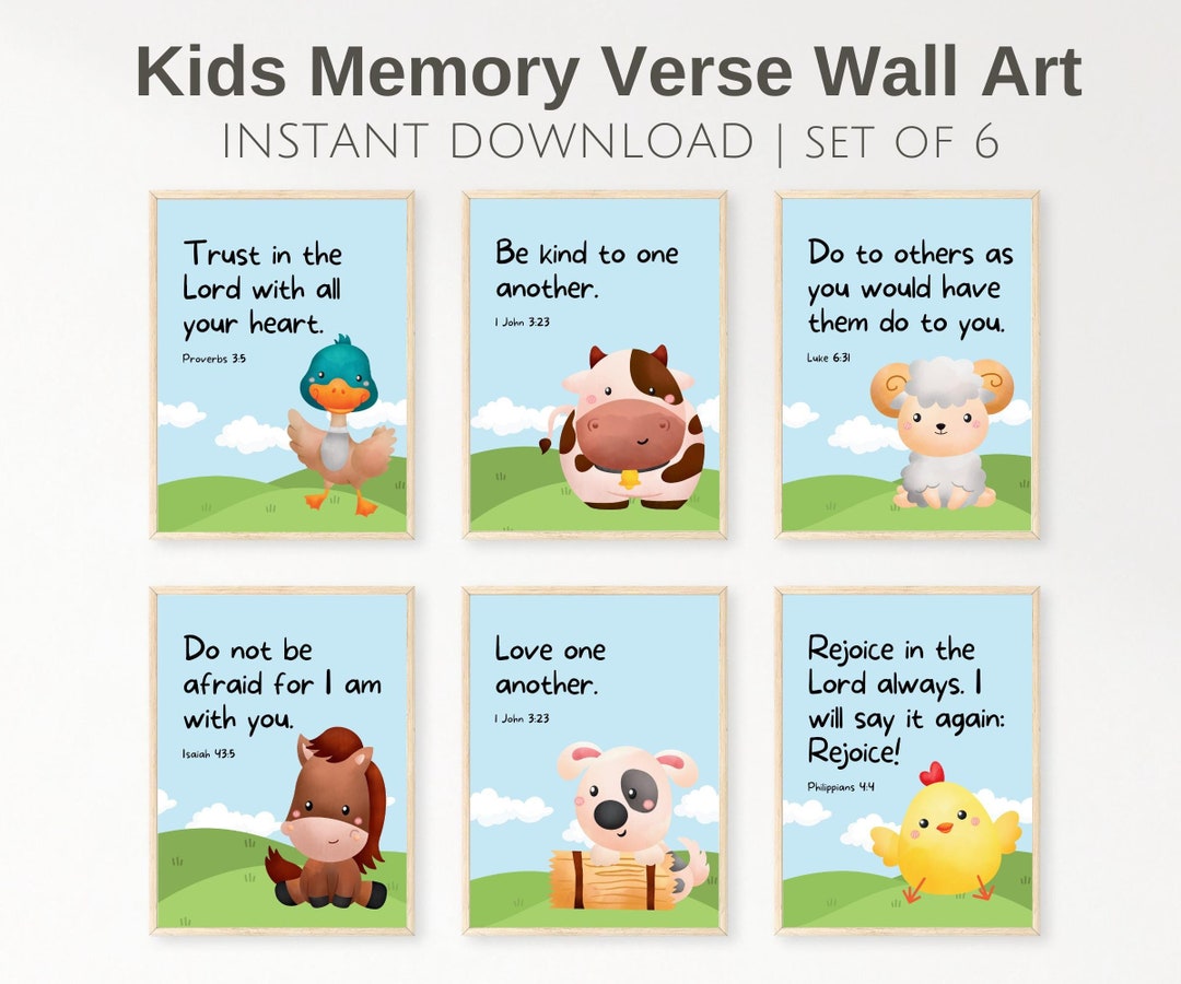 Set of 6 Bible Verse Wall Art, Short Memory Verses for Kids, Sunday ...