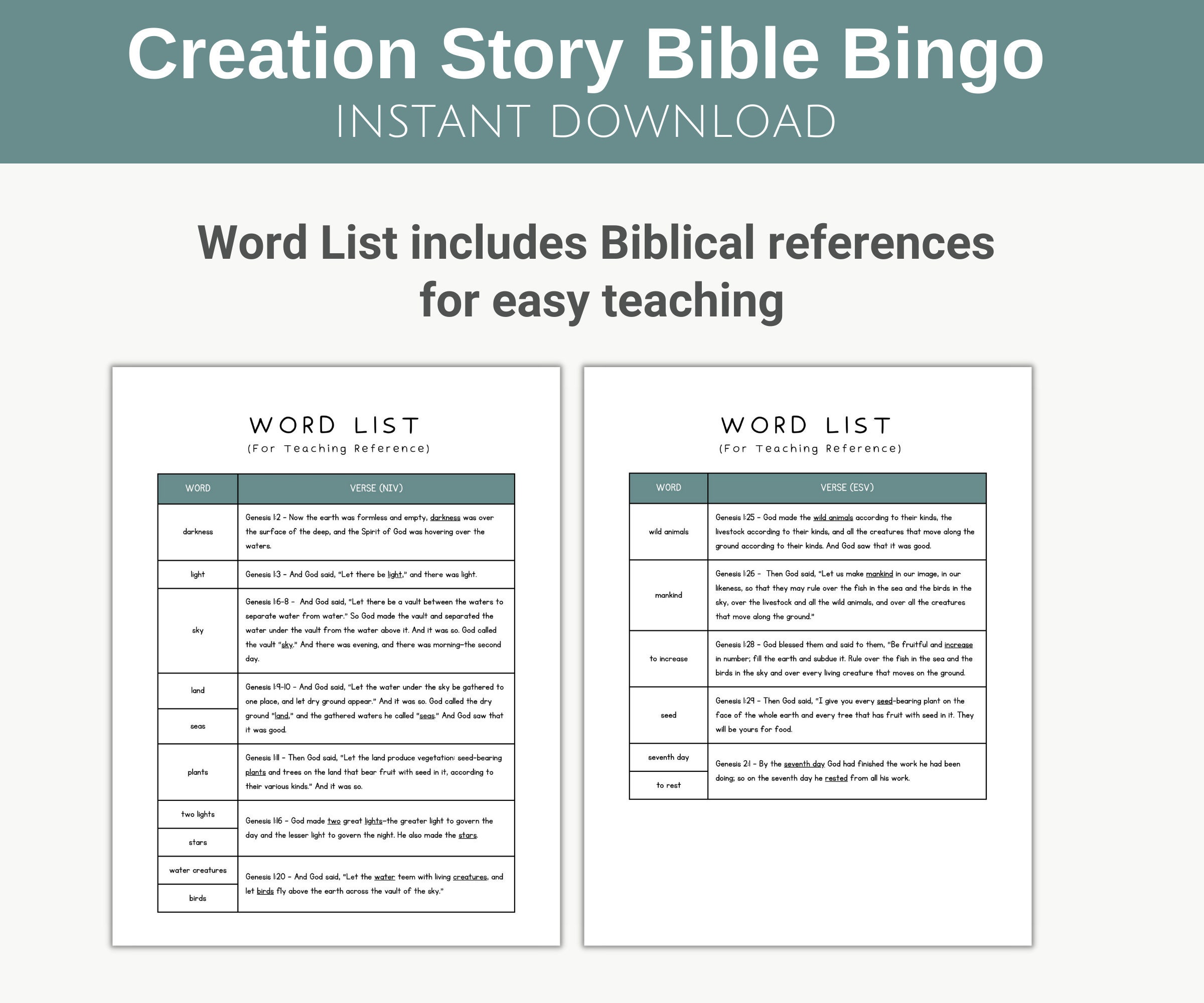 Creation Bingo Expanded Set, Bible Bingo for Toddlers, Genesis Sunday ...