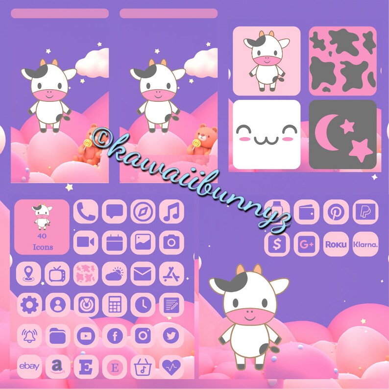 Ios App Icons Cute Cow Moo Moo Theme Android Icon Pack Zip - Etsy