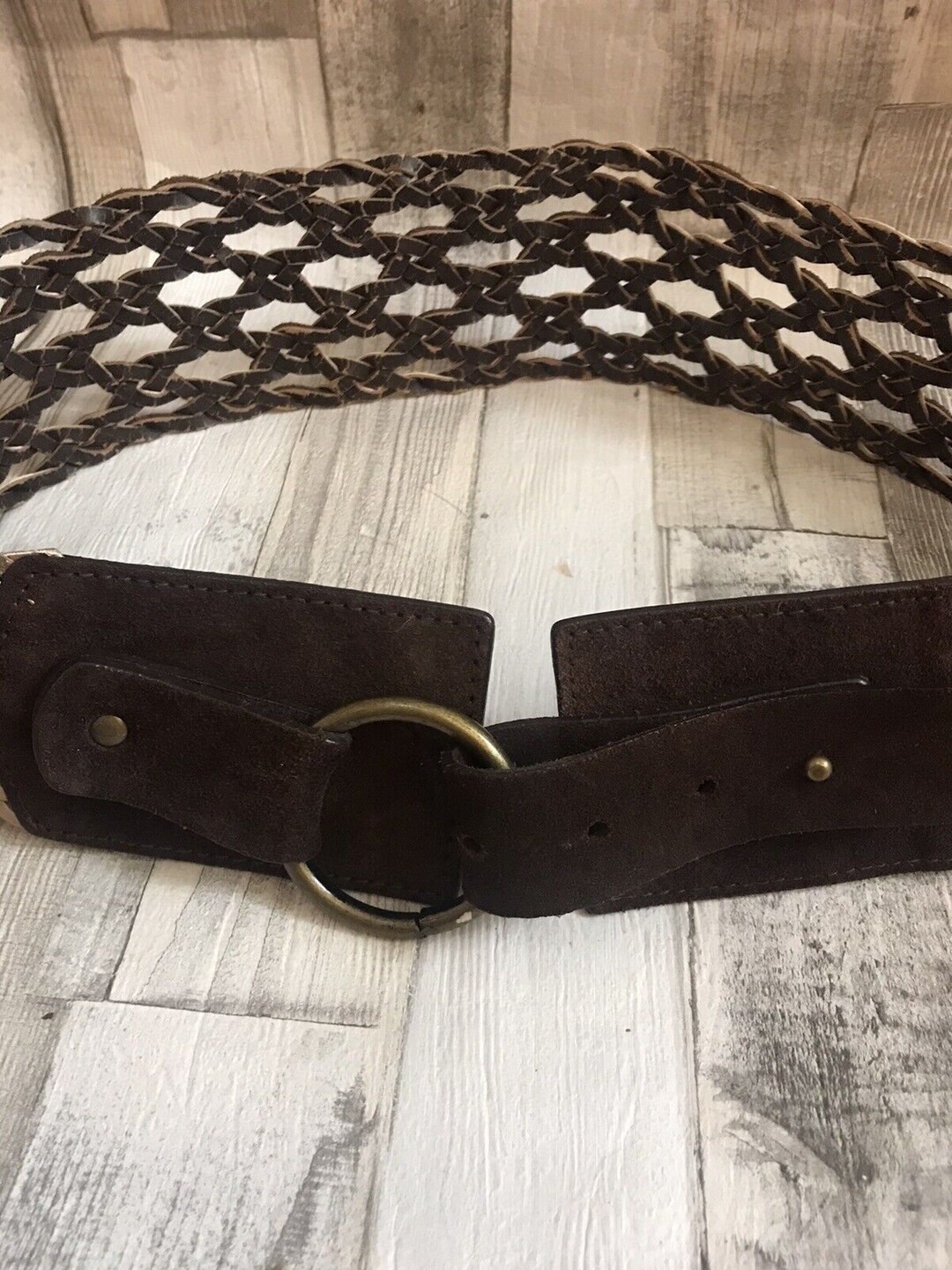 Vintage Belt 00s Y2K Brown & Gold Wide Plaited Faux Leather Size Small ...