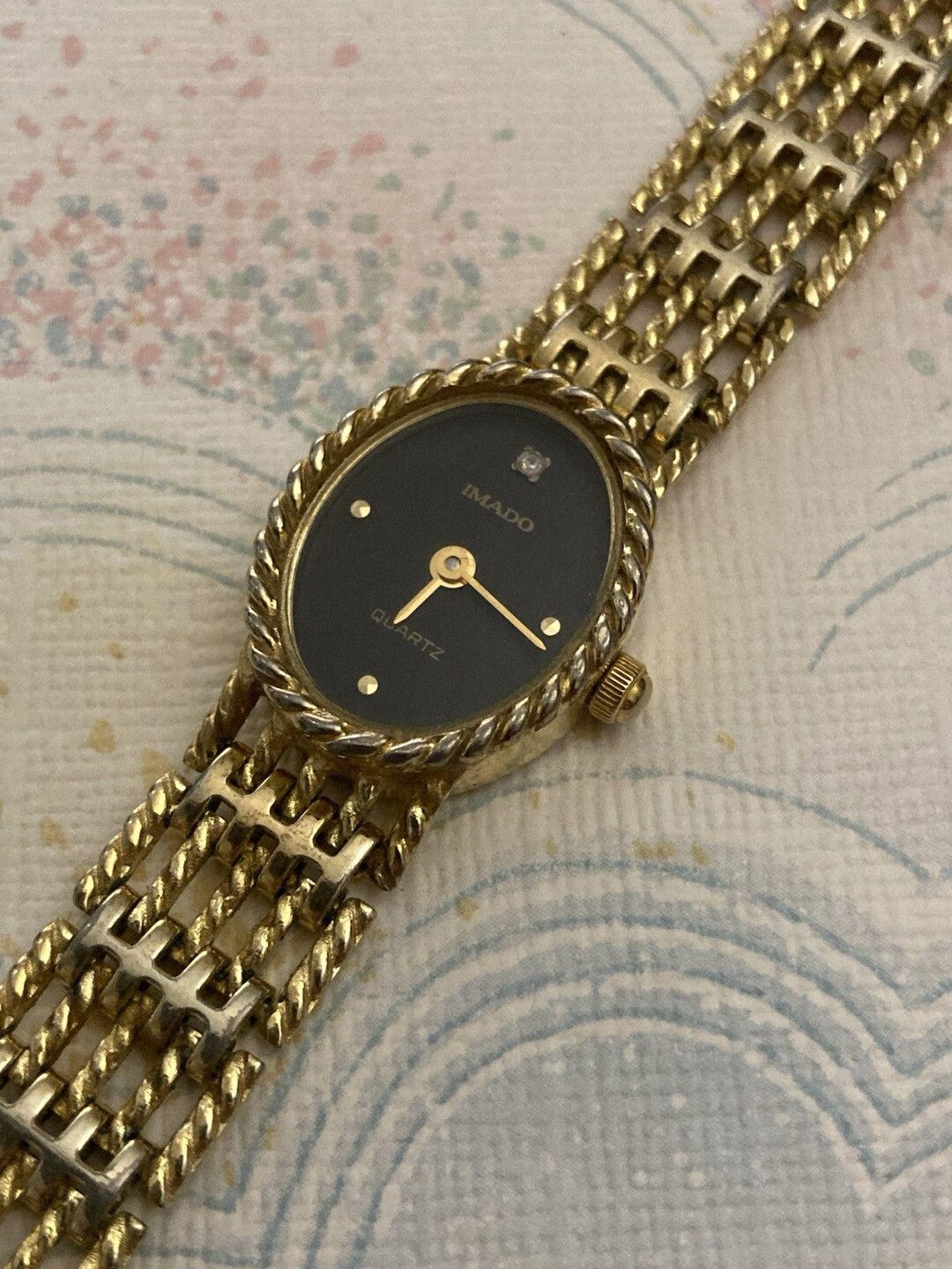 Imado Wrist Watch Vintage Quartz Gold Tone Bracelet Black Oval Face ...