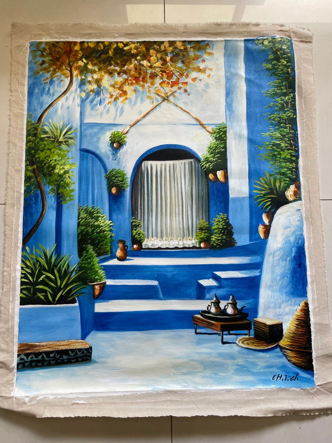 Original Signed Oil Painting Moroccan Riad Residence Chefchaouen Old ...