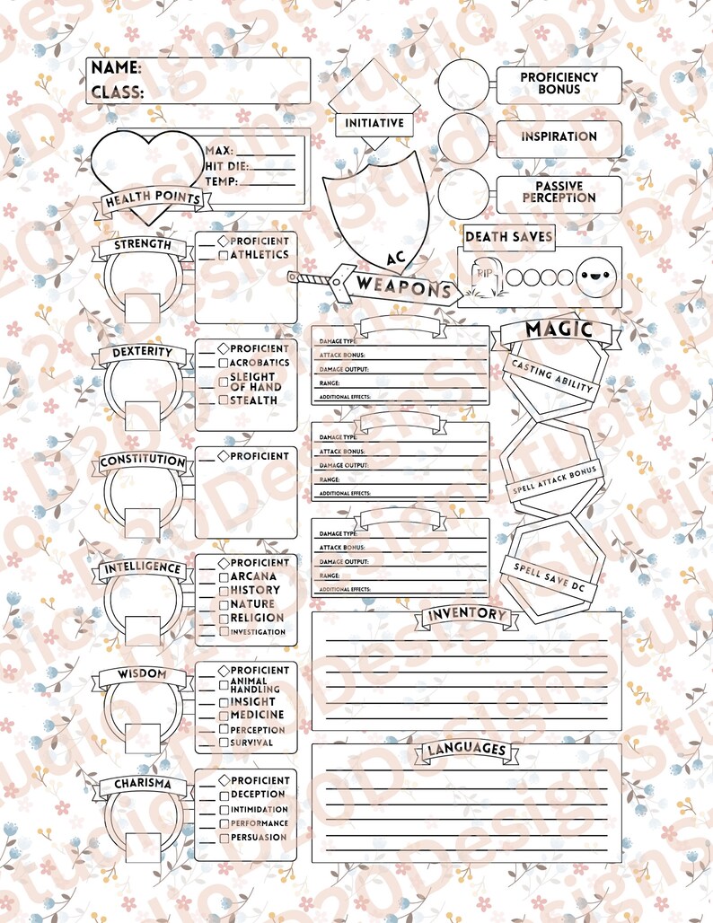 Pink and Blue Floral D&D Character Sheet (half and Full Letter Size) - Etsy