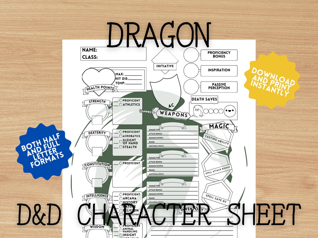 Green Dragon D&D Character Sheet (half and Full Letter Size) - Etsy