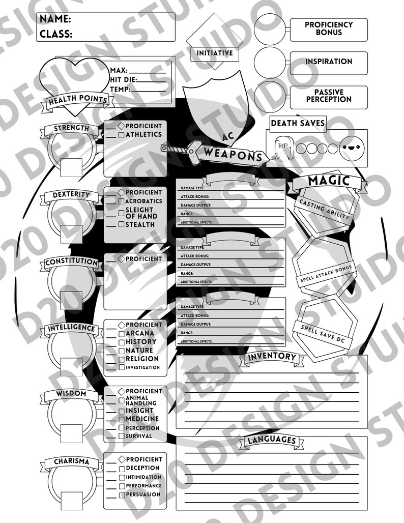 Black and White Dragon D&D Character Sheet (half and Full Letter Size ...