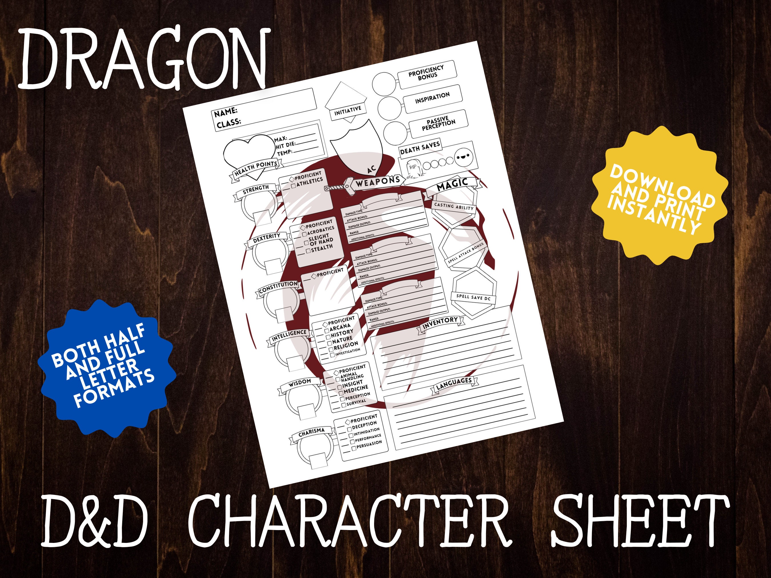 Red Dragon D&D Character Sheet (half and Full Letter Size) - Etsy
