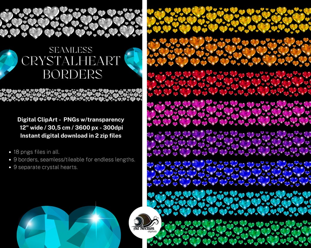 Crystal Heart Borders Clipart, Gemstone PNG Overlays (digital Download ...