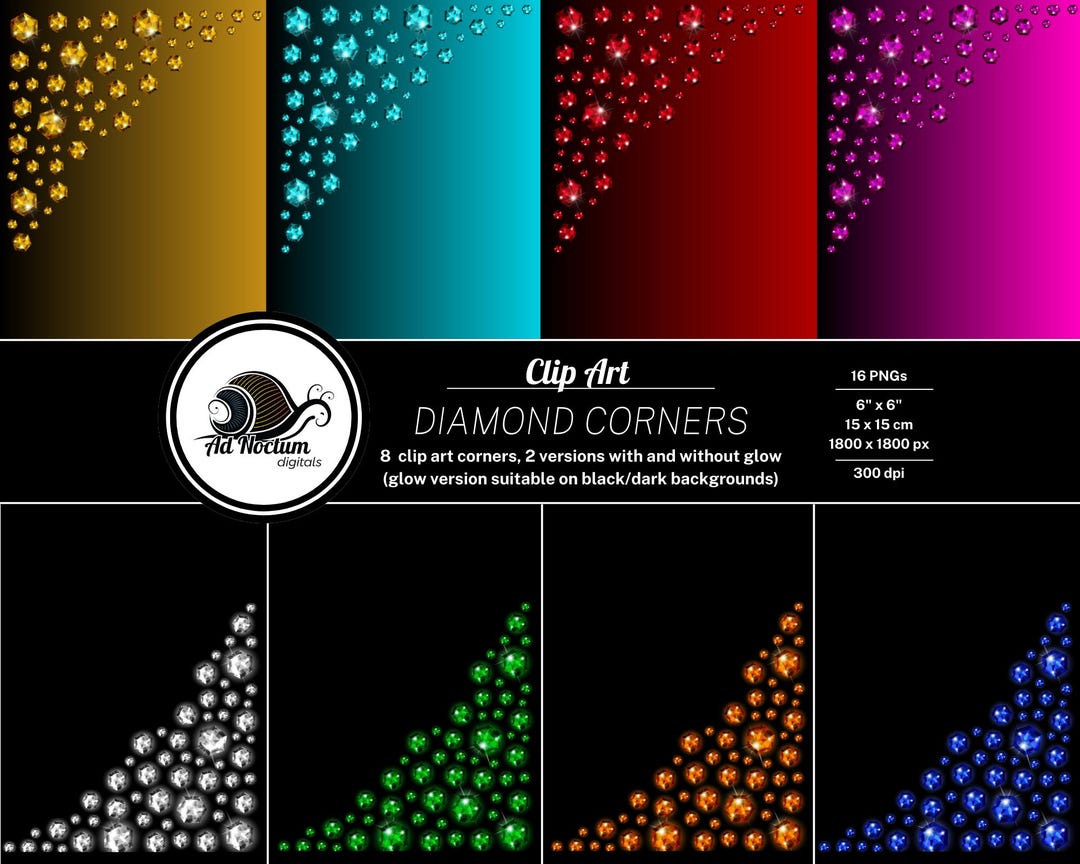 Gemstone Diamond Corners Clipart: PNG Overlays, Jewel Borders (digital ...