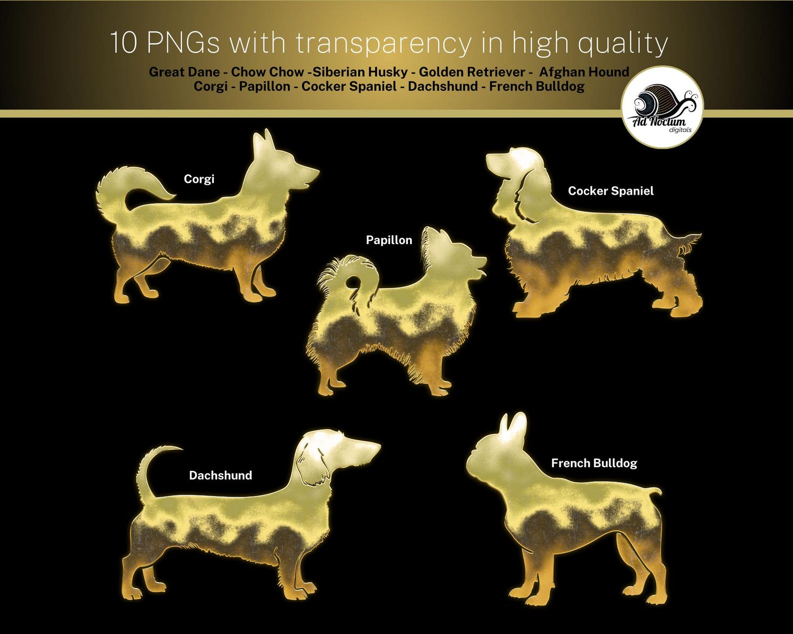 Gold Dog Breed Silhouettes: Luxury Clip Art Overlays (PNG Digital ...