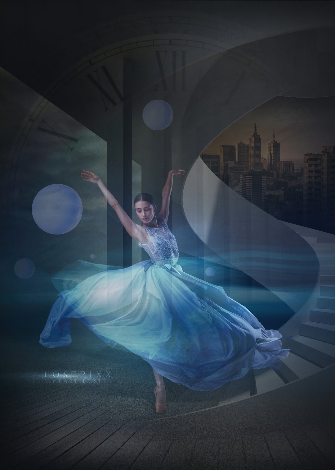 Poster 50x70 Beauty Woman Dance Ballet Ballerina Blue Dress City Home ...