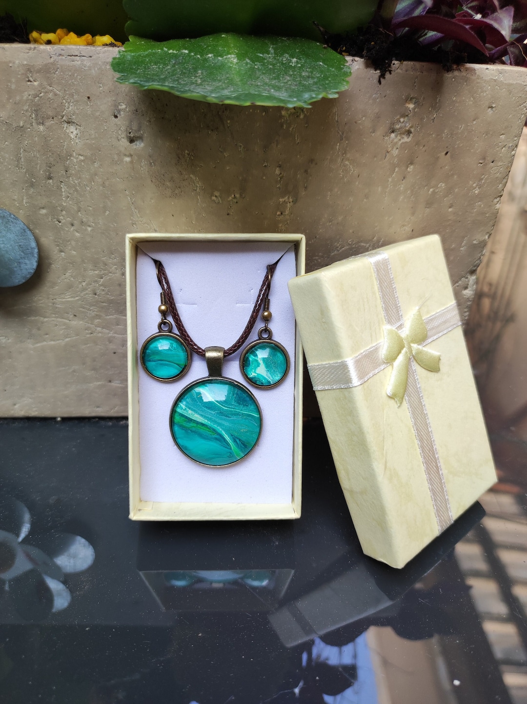 Parure collier et boucles d'oreille avec Acrylique Pouring Abstrait ...