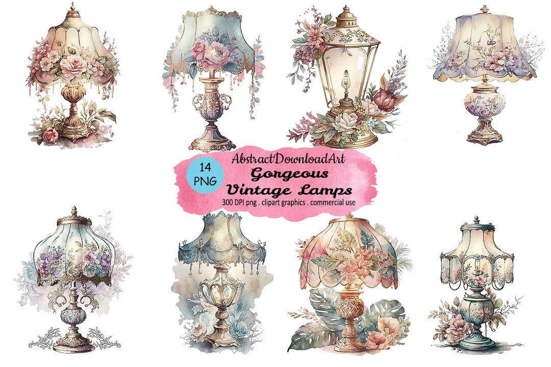 Gorgeous Vintage Lamps Clipart - Floral Lampshade Digital Watercolor ...