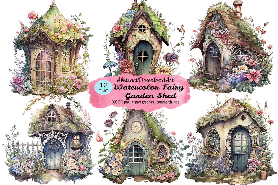 Fairy Garden Shed Clipart Flower Wooden House Watercolor Png Format ...