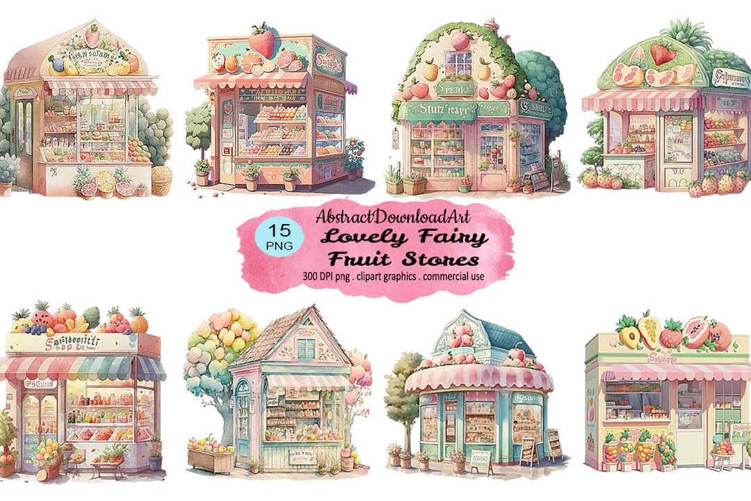 Lovely Fairy Fruit Stores Clipart - Cute Fruits Shop Digital Watercolor ...