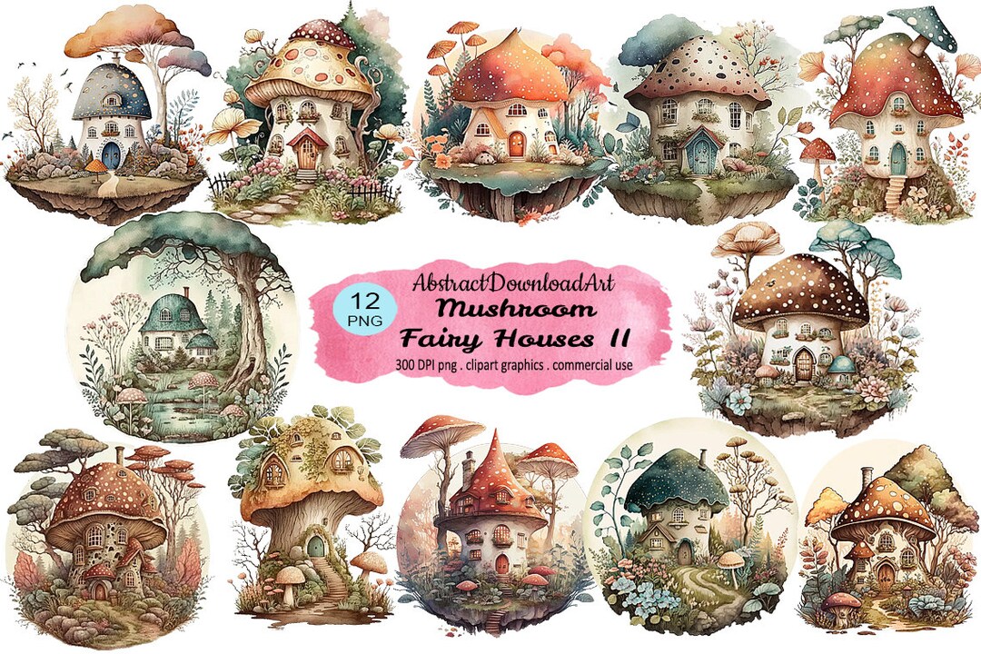 Mushroom Fairy Houses II Clipart, Fantasy House in Wonderland Digital ...