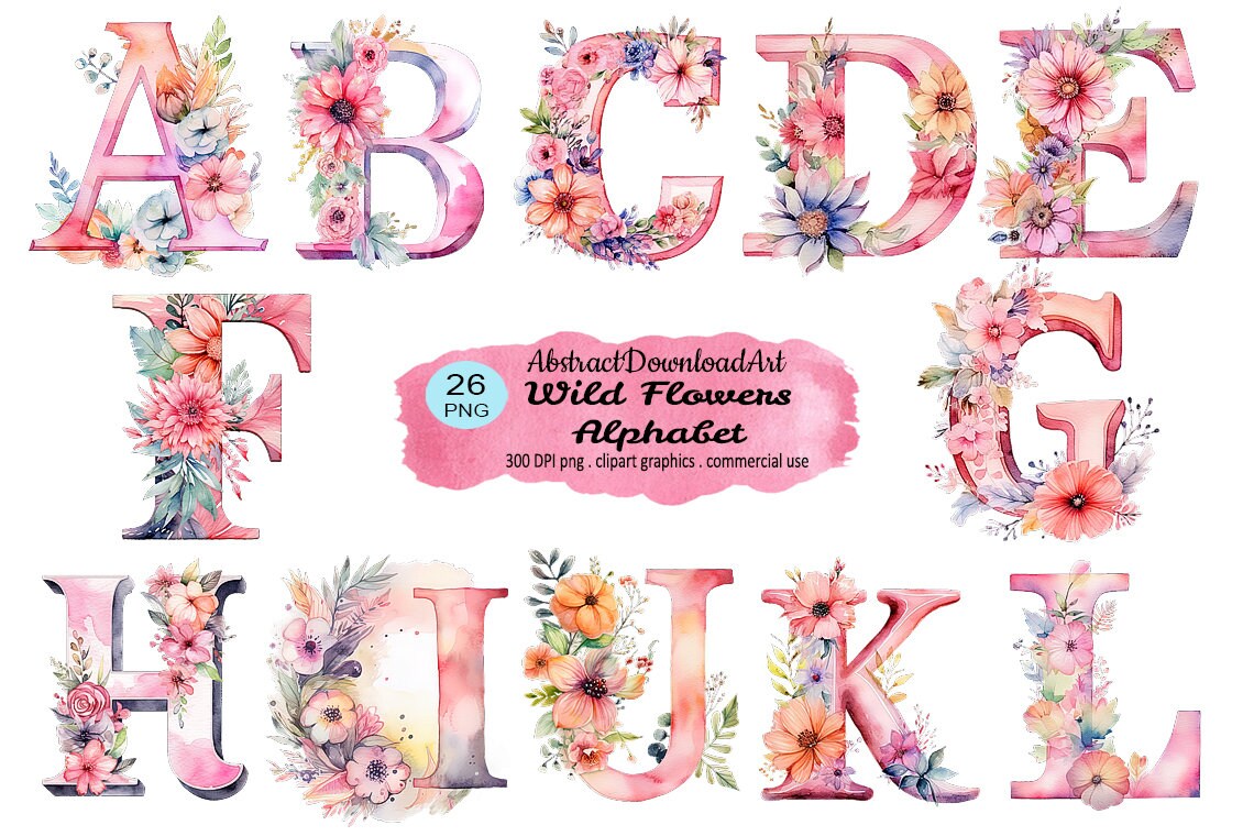 Wild Flowers Alphabet Clipart Cute Pink English Alphabet - Etsy