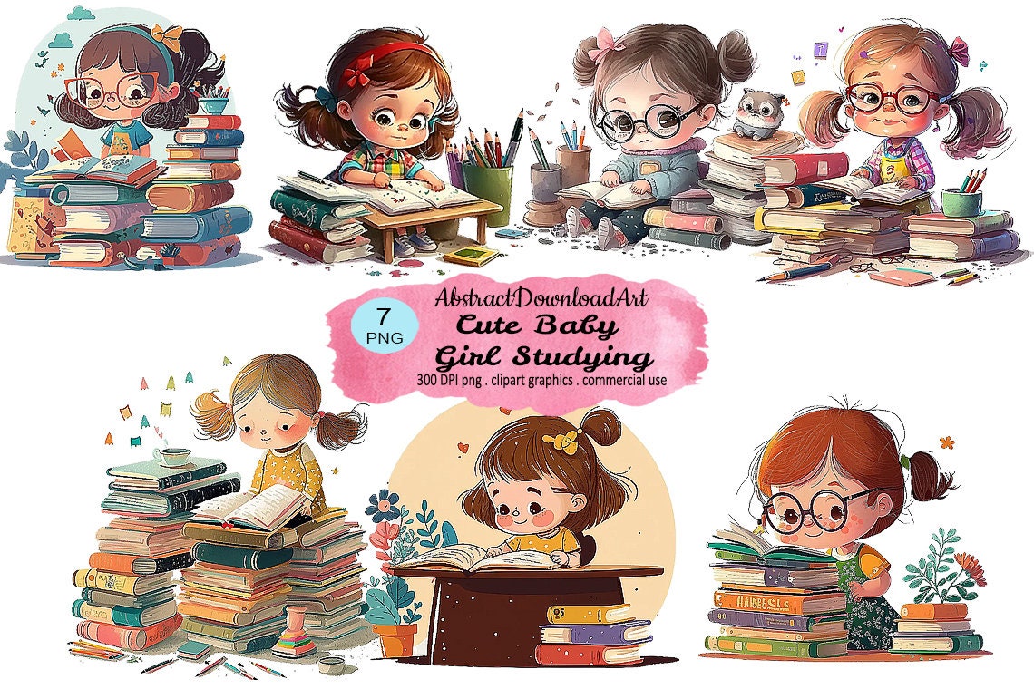 Cute Baby Girl Studying Clipart Kids Reading Books Digital Watercolor ...