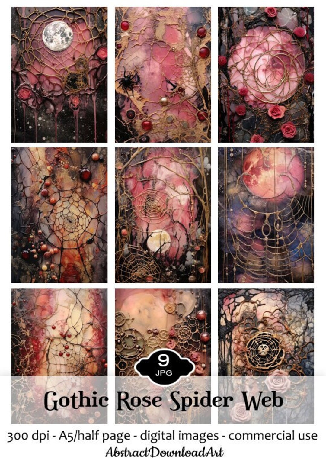Mixed Media Gothic Rose Spider Web Digital Papers Junk Journal ...