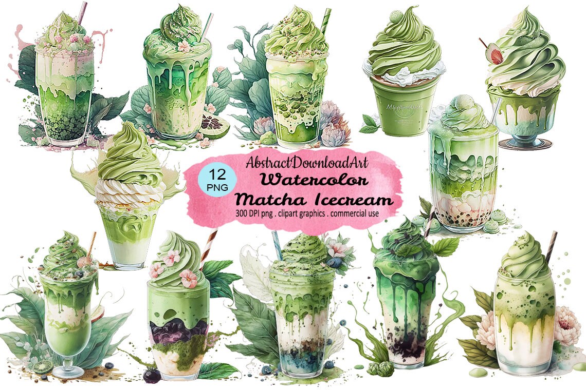Watercolor Matcha Ice Cream Clipart Cool and Fresh Glass of - Etsy