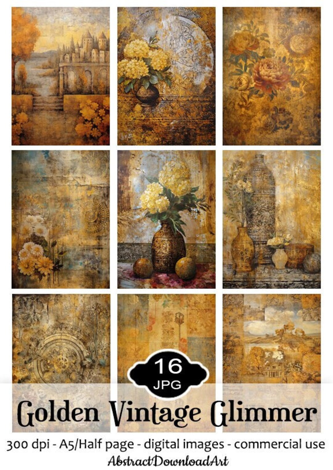 Golden Vintage Glimmer Digital Papers Junk Journal Decoupage Printable ...