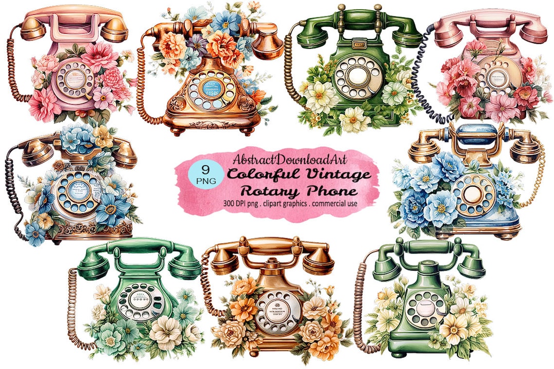 Colorful Vintage Rotary Telephone Clipart Rotary Dial Phone, Digital ...