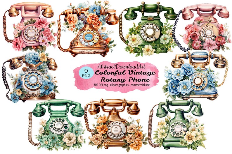 Colorful Vintage Rotary Telephone Clipart Rotary Dial Phone, Digital ...