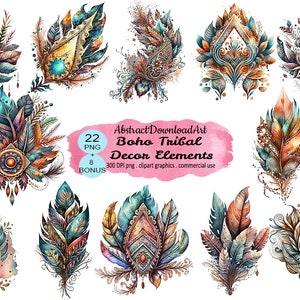 Boho Tribal Decor Elements Clipart, Boho Style Decorations Digital ...