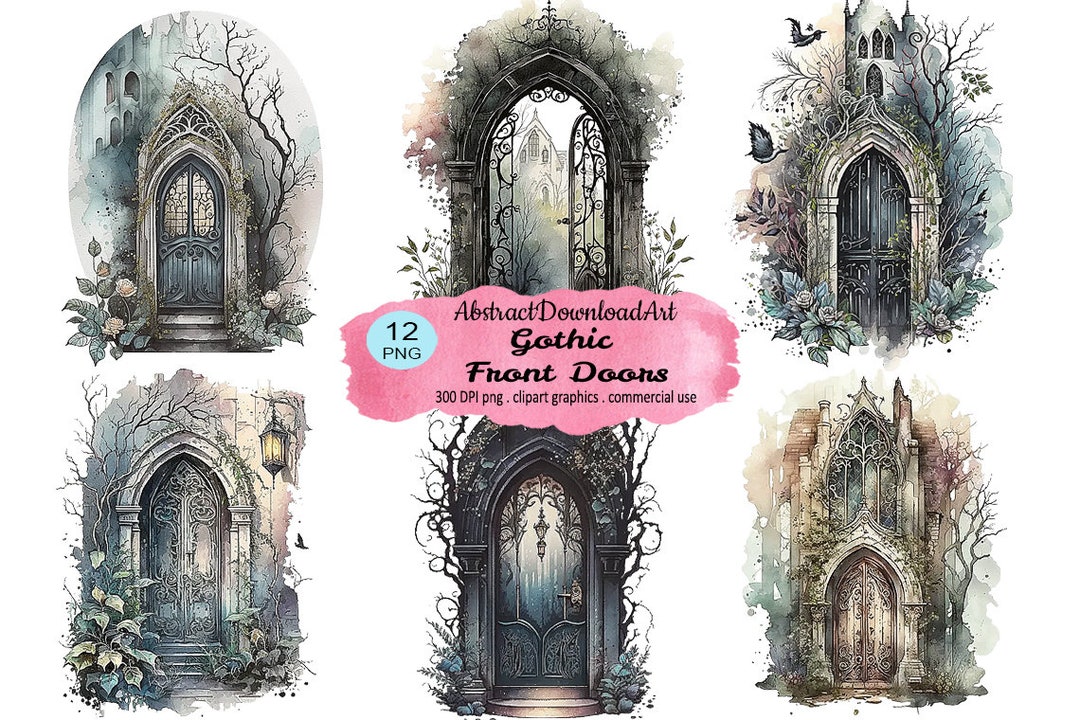 Gothic Front Doors Clipart - Mystical House Entrance Digital Watercolor ...