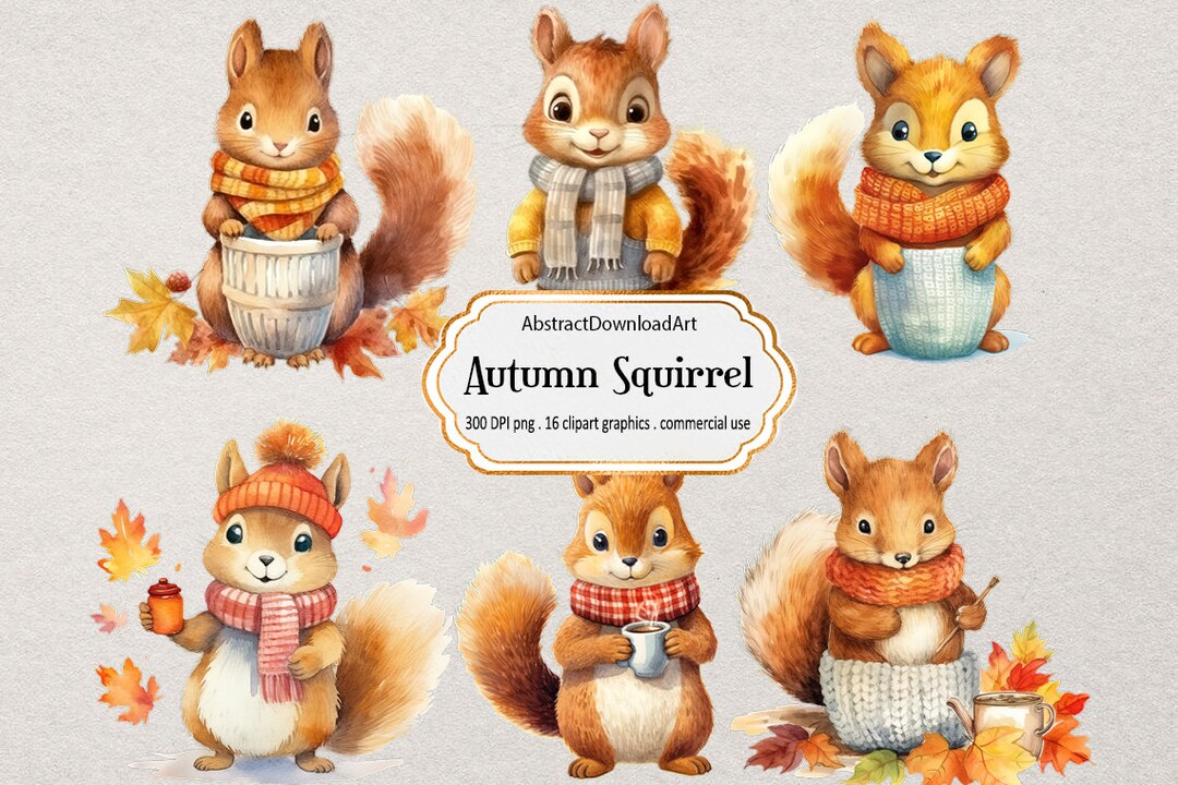 Autumn Squirrel Clipart, Animal With Autumn Scarf Watercolor Clip Art ...