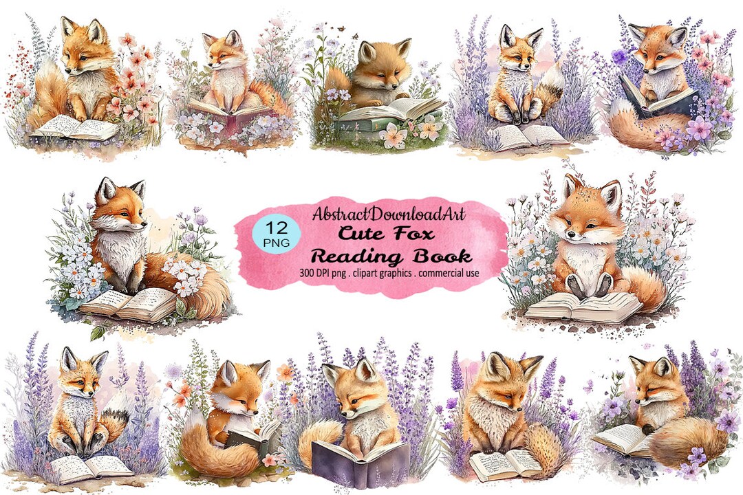Cute Fox Reading Book Clipart - Adorable Animal With Flowers Digital ...