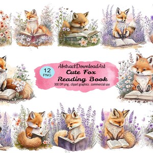 Cute Fox Reading Book Clipart - Adorable Animal With Flowers Digital ...