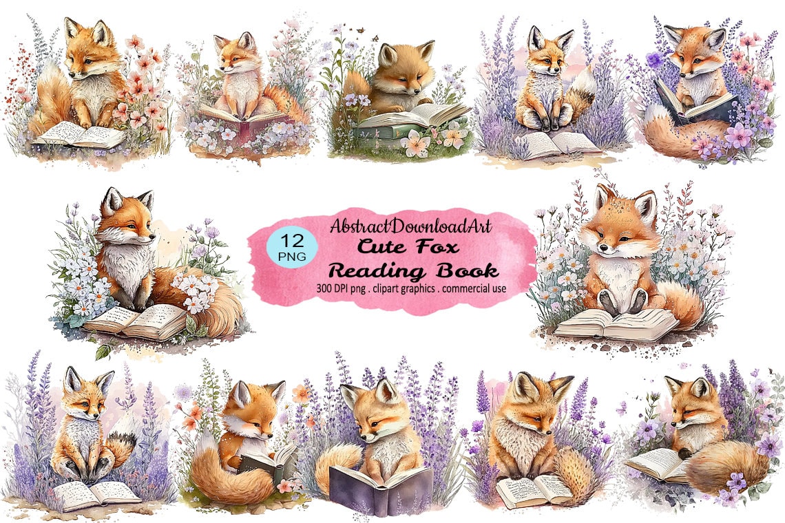 Cute Fox Reading Book Clipart Adorable Animal With Flowers - Etsy