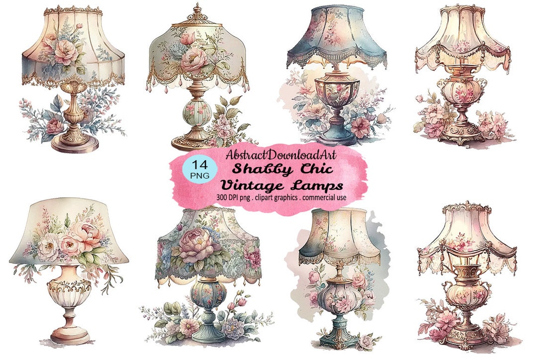 Shabby Chic Vintage Lamps Clipart Floral Lampshade Digital Watercolor ...