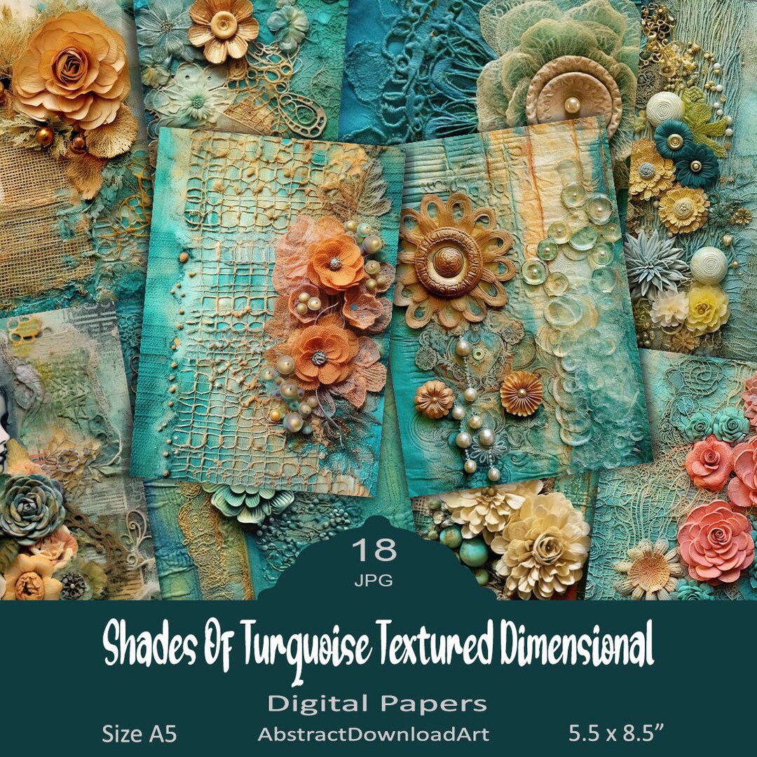 Shades of Turquoise Textured Dimensional Mixed Media, Digital Vintage ...
