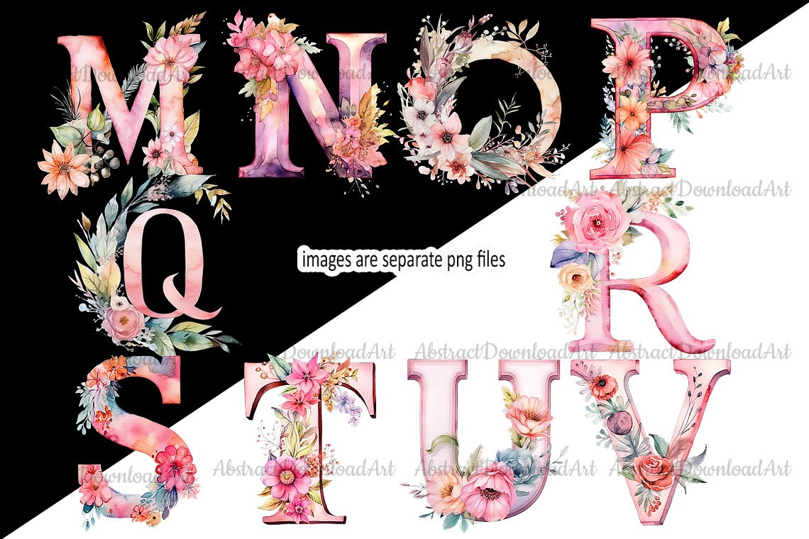 Wild Flowers Alphabet Clipart Cute Pink English Alphabet - Etsy