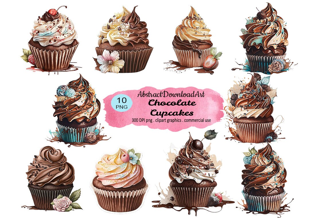 Chocolate Cupcakes Clipart Food and Drink Digital Watercolor Prints ...