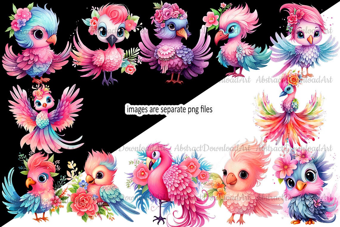 Cute Colorful Birds Clipart Rainbow Peacock Pink Parrot Digital ...