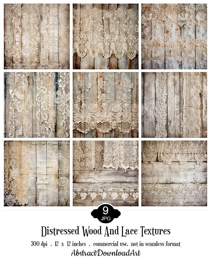 Distressed Wood and Lace Textures Digital Papers Junk Journal Decoupage ...