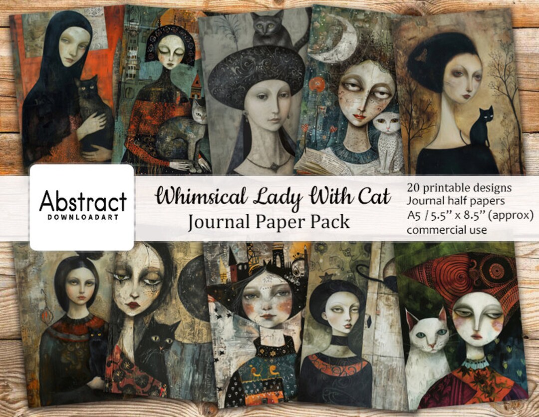 Whimsical Lady With Cat Printable Junk Journal Half Paper, Scrapbook ...