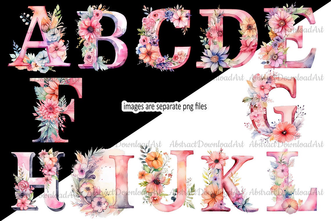 Wild Flowers Alphabet Clipart Cute Pink English Alphabet - Etsy