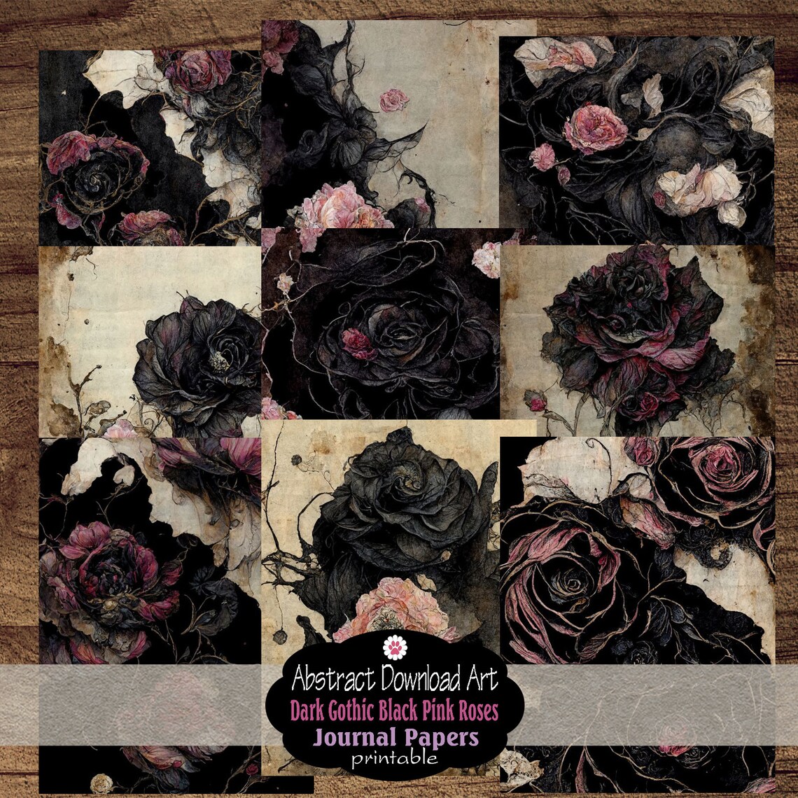 Dark Gothic Black Pink Roses Junk Journal Papers Printable - Etsy